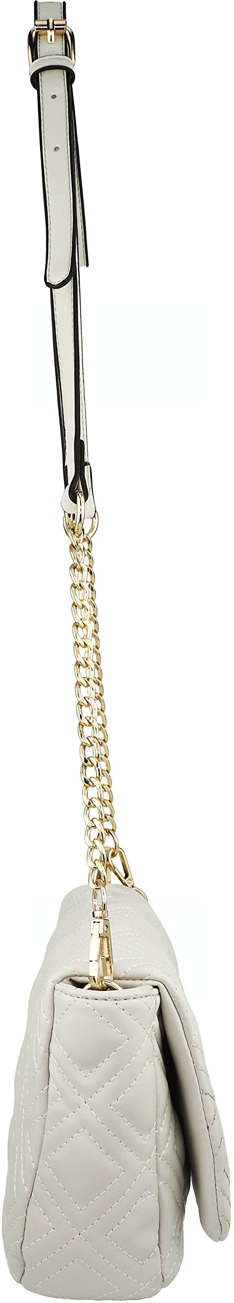 B BRENTANO Vegan Quilted Flap-Over Crossbody Bag with Chain Strap and Tassel Accent (Off-White)
