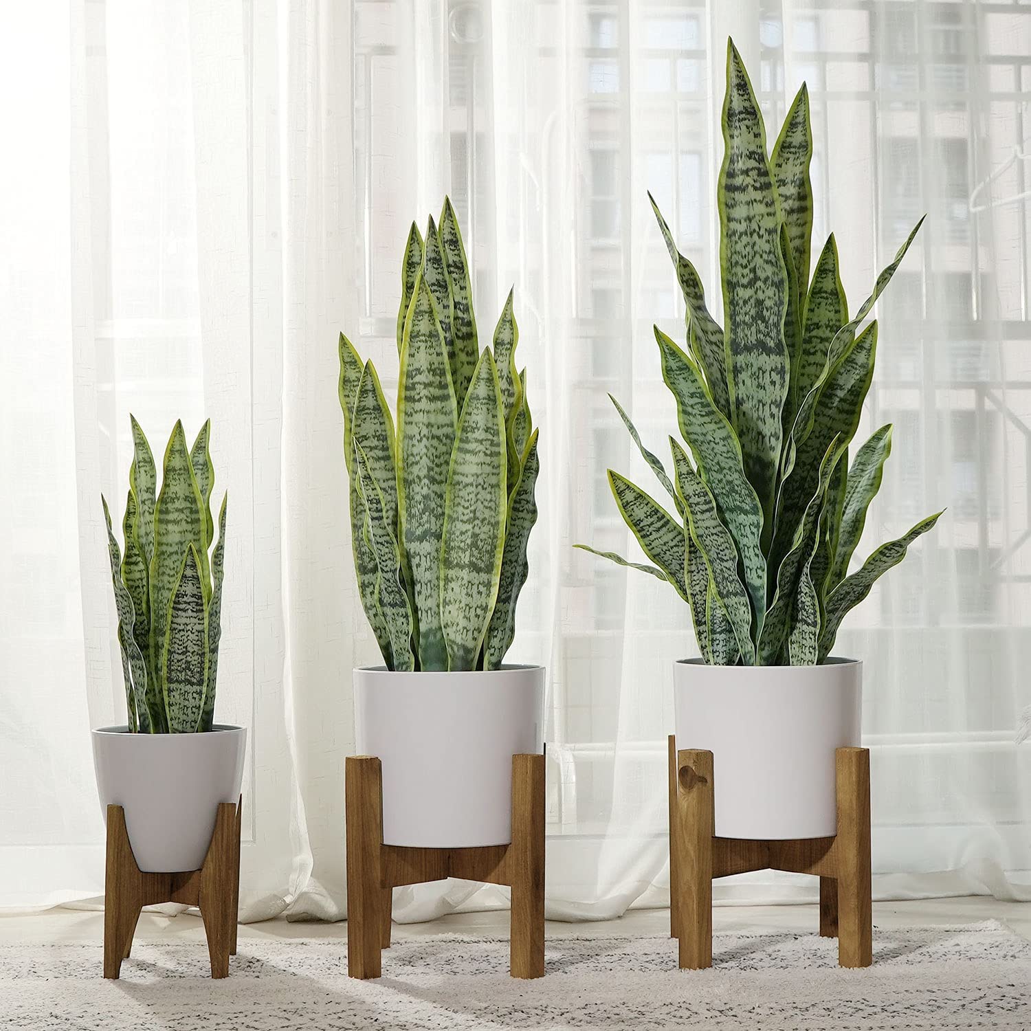 Auelife Artificial Snake Plants 2PCS 41-INCH Fake Snake Plants with Wood Stand Tall Faux Snake Plants (Extra Include 2PCS White Imitation Ceramic Pots) Perfect for Home Garden Office Store Decoration