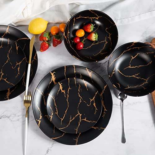 Melamine Dinnerware Set Black Kitchen Dinner Set, 12pcs Plates and Bowls Set Best for Indoor and Outdoor Party,BPA-Free Dishwasher Safe, Eco-Friendly …