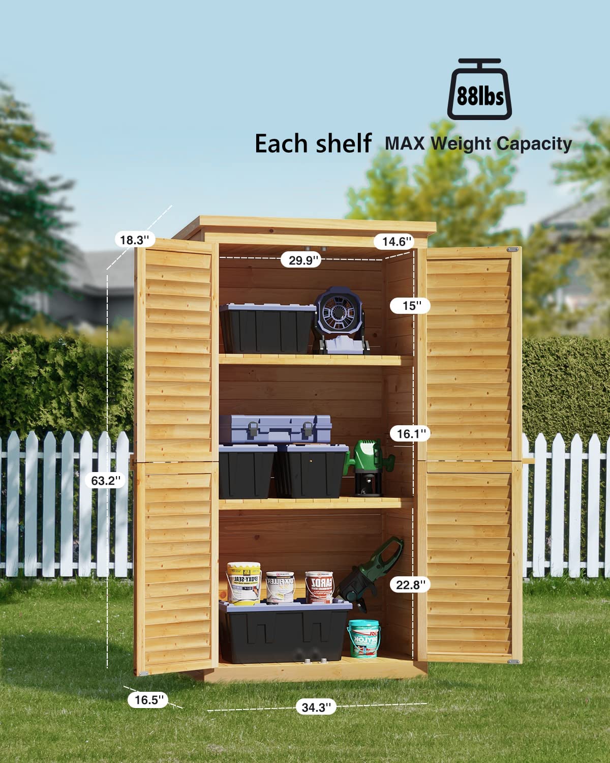 63.2" Outdoor Storage Cabinet with 3 Detachable Shelves, Lockable Wooden Garden Shed with Asphalt Roof, Vertical Tool Storage Shed for Backyard Patio Lawn Deck