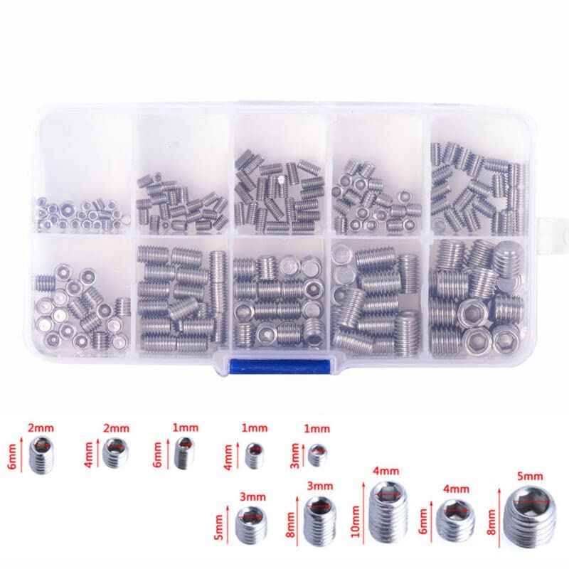 200Pcs Set Screws Assortment Kit, M3/ M4/ M5/ M6/ M8 Standard Allen Head Socket Hex Grub Screw, 304 Stainless Steel Metric Internal Hex Drive Set Screws