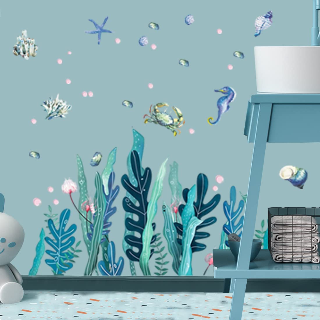 2 Sheets Under The Sea Wall Decals Sea Turtle Wall Stickers 3D Ocean Grass Seaweed Wall Decals for Kids,Room,Bathroom,Bedroom,Nursery,Home Wall Decoration,Toilet,Kitchen