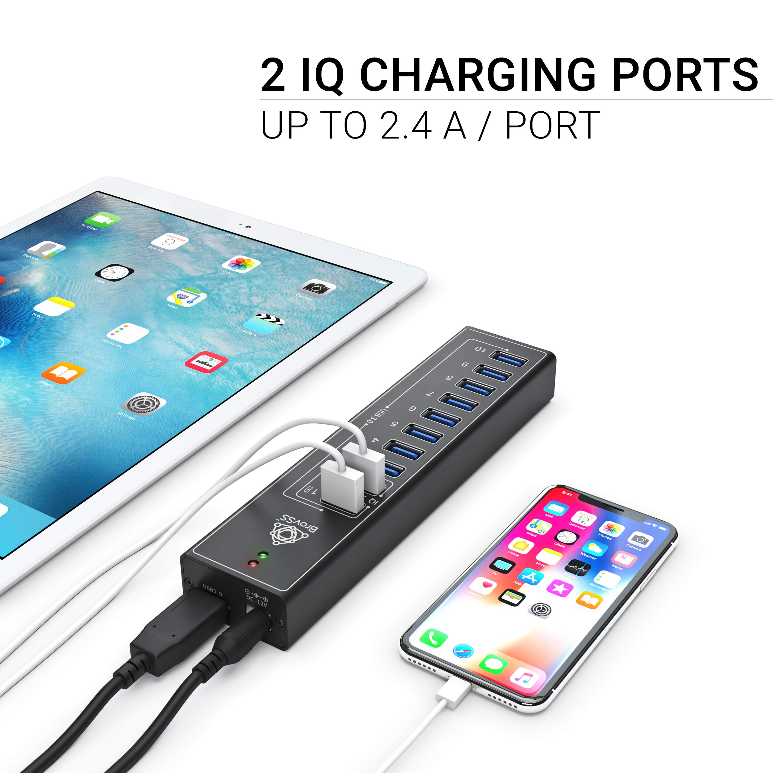 BrovSS: 10 Port Powered USB 3.0 Hub Aluminum with 4 IQ Ports - USB 3 Splitter with 12V 3A 36W Power Adapter. Connect up to 10 Electronics and USB peripherals (Black)