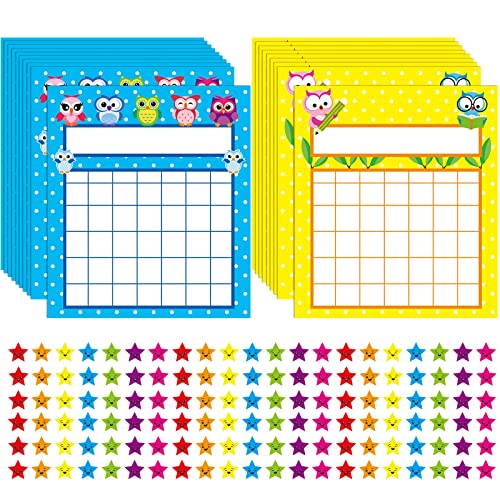 72 Pcs Owls Incentive Charts Classroom Reward Sticker Behavior Chart for Classroom Attendance Chart for Kids Behavior Classroom Teaching Family House Chores with 720 Pcs Colorful Star Stickers