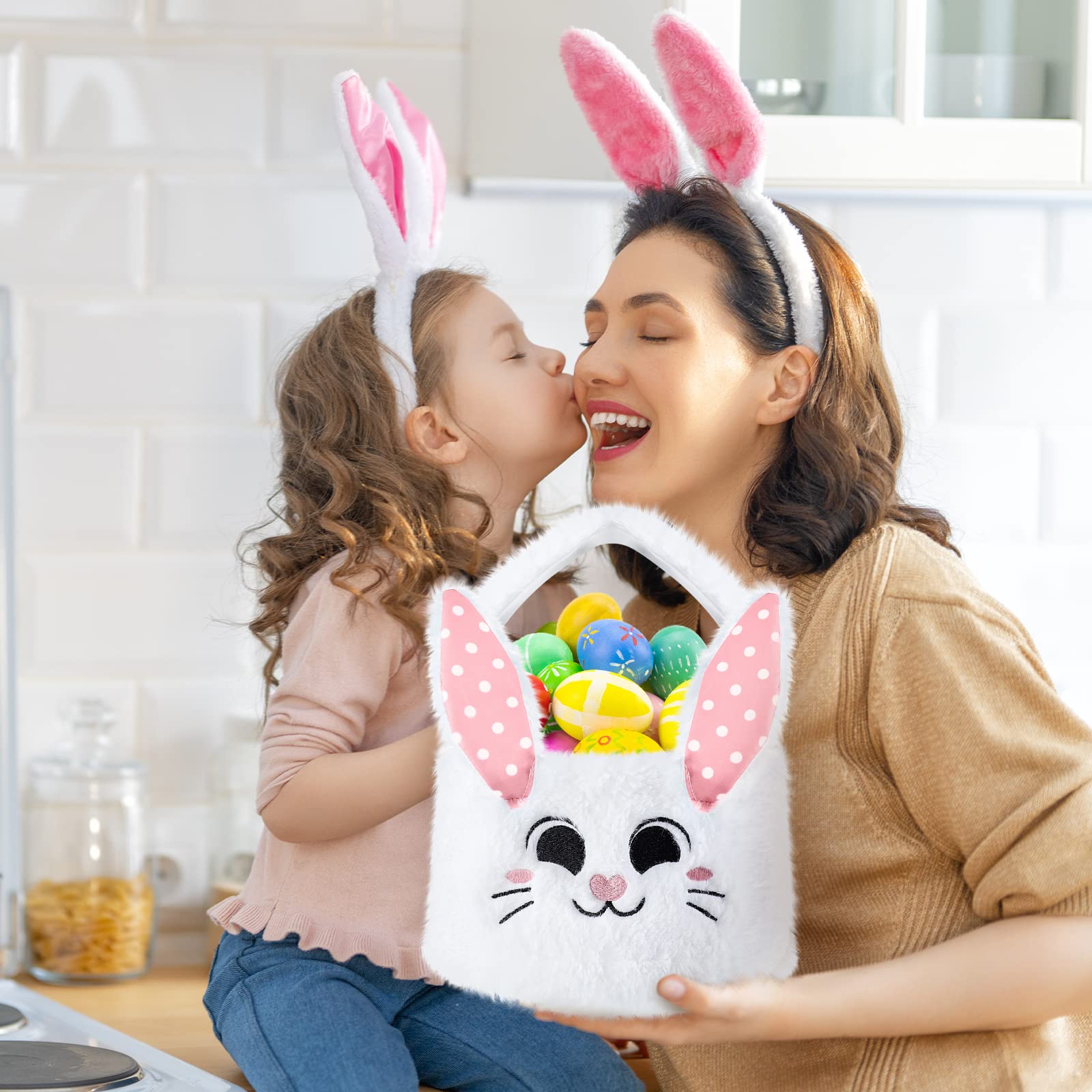 2 Pcs Plush Easter Bunny Basket Bunny Easter Buckets Fluffy Rabbit Easter Basket Bunny White Basket with Handle and Foldable Ear for Kid Adult, Easter Gifts Bunny Easter Egg Basket Hunt Event Supplies