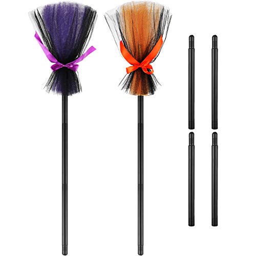 2 Pieces Halloween Witch Broom Kids Cosplay Broom Prop Plastic Broom Props for Halloween Party Costume Accessories, Orange and Purple