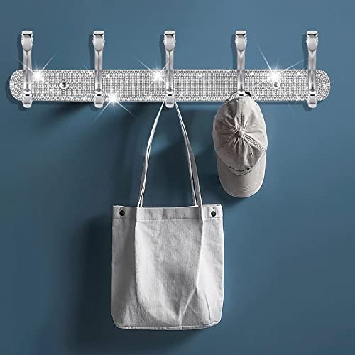 BlackFish Coat Rack Wall Mount,Shiny Silver Rhinestones Wall Mounted Coat Rack 5 Hooks,Key Hooks Decorative for Wall,Double Coat Hook Wall Hook Rack Suitable for Coat Hat Towel Purse Robes(1 Pcs