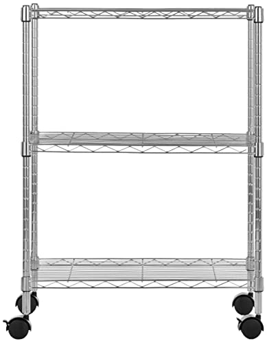 Amazon Basics 3-Shelf Adjustable, Heavy Duty Storage Shelving Unit on 4'' Wheel Casters, Metal Organizer Wire Rack, Chrome, 23.2"L x 13.4"W x 32.75"H