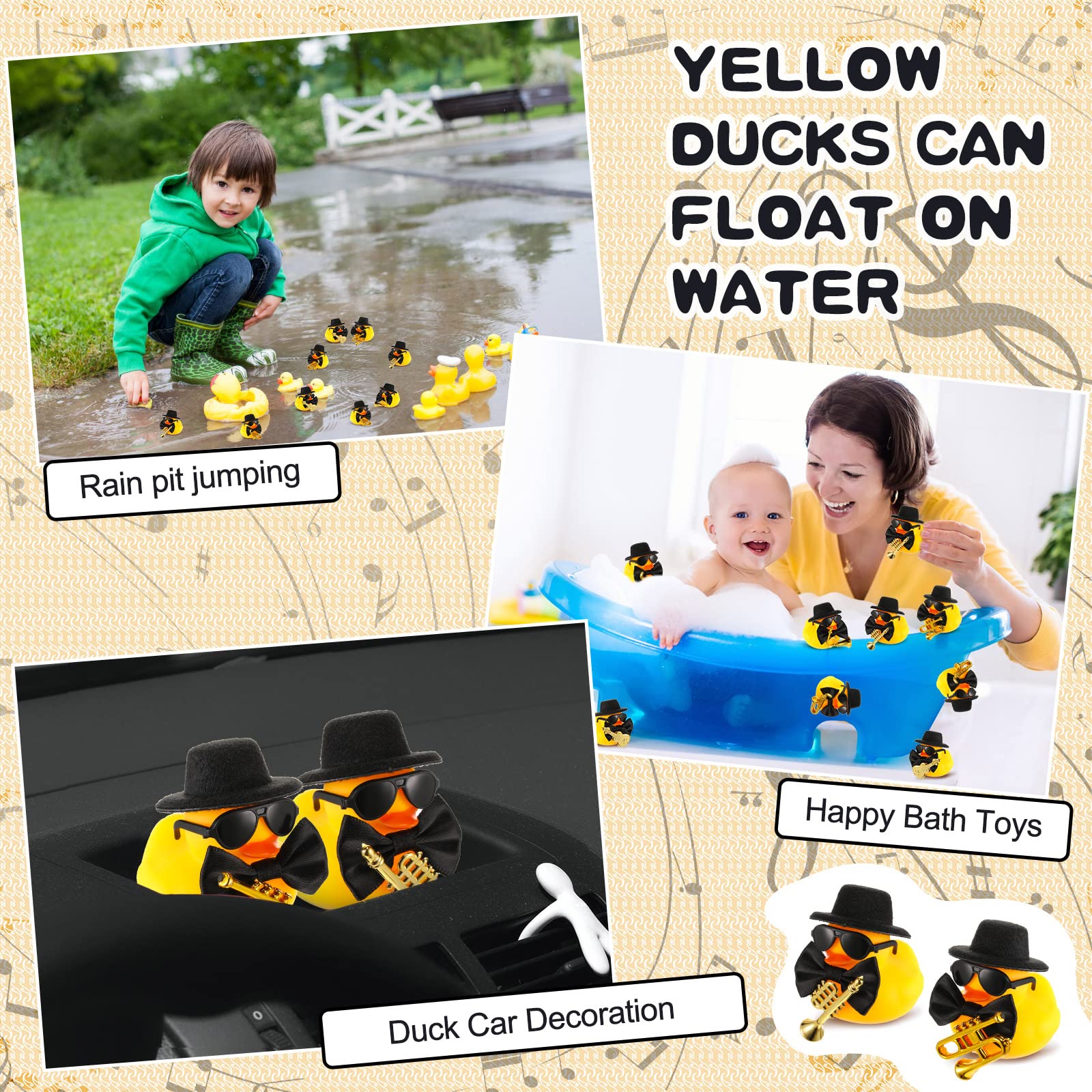 24 Sets Jazz Band Musical Instruments Rubber Ducks with Mini Felt Top Hats, Bowties, Instrument, Sunglasses, Bathtub Tiny Ducks Rubber Duckies Bulk for Ducky Baby Shower Game Birthday Party Pool Gift