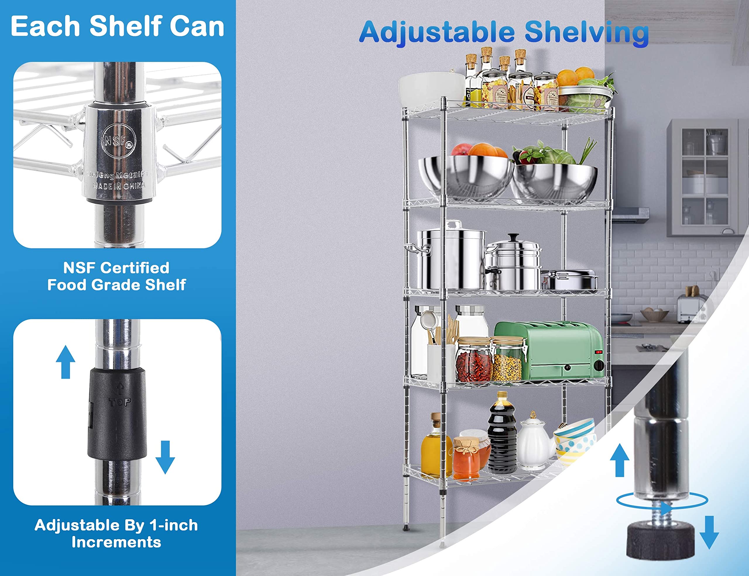 5-Tier Metal Wire Shelving Unit Kitchen Shelf Organizer Kitchen Storage Rack Utility Shelf Snack Shelf, NSF Certified Storage Shelves for Storage, Garage Shelving Storage Shelf Pantry Shelves