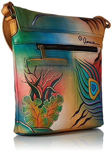 Anna by Anuschka Genuine Leather V-Shap Flap Crossbody Bag | Hand-Painted Original Artwork | Peacock Collage
