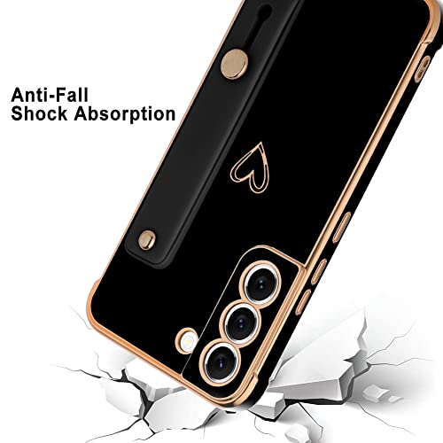AIGOMARA Compatible with Samsung Galaxy S22 Plus Case with Finger Strap Luxury Cute Heart Plating Phone Case Full Body Protective Kickstand Cover for Galaxy S22 Plus 5G 2022 Women Girly - Black