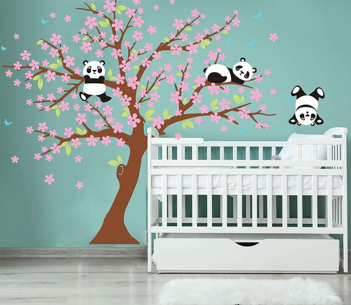 LUCKKYY Three Pandas Plying on Cherry Blossom Trees Branches Wall Decal Tree Wall Decal Tree Wall Sticker Nursery Bedroom Kid Baby Wall Decals Forest Mural Paper Nursery Vinyl Removable (Brownpink+)