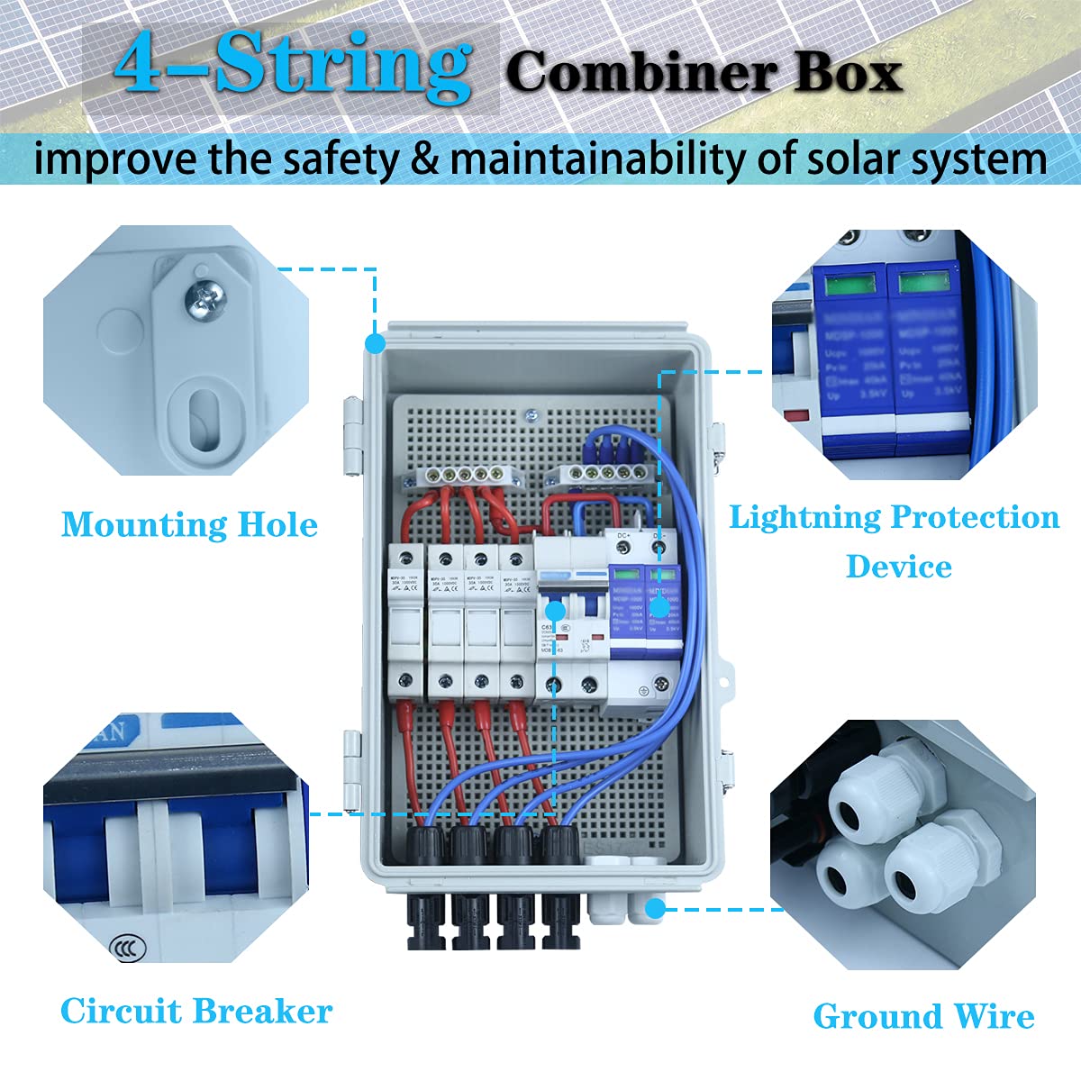 4 String PV Combiner Box with Lightning Arreste, 15A Rated Current Fuse and Circuit Breakers for On/Off Grid Solar Panel System
