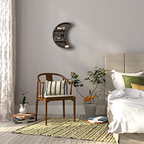 RUSTIX Rustic Brown Crescent Moon Shelf - Wall Mounted Hanging Floating Shelves for Essential Oil Display or Crystal Holder - Moon Phase Hippie Celestial Boho Nursery Decor - Gothic Witchy Room Decor