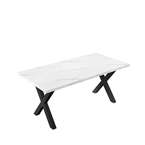 70.87" Faux Marble Dining Table, Modern Rectangular Dining Table with Printed Marble Table Top and X-Shape Stainless Steel Table Leg/Metal Base for Kitchen & Dining Room(White Top+ Black Legs)