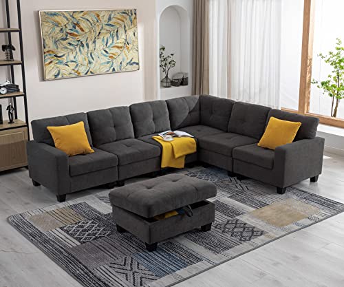 asunflower Modular Fabric Couch Sectional Sofa Middle Section Velvet Couch for Living Room Furniture Set, Deep Grey