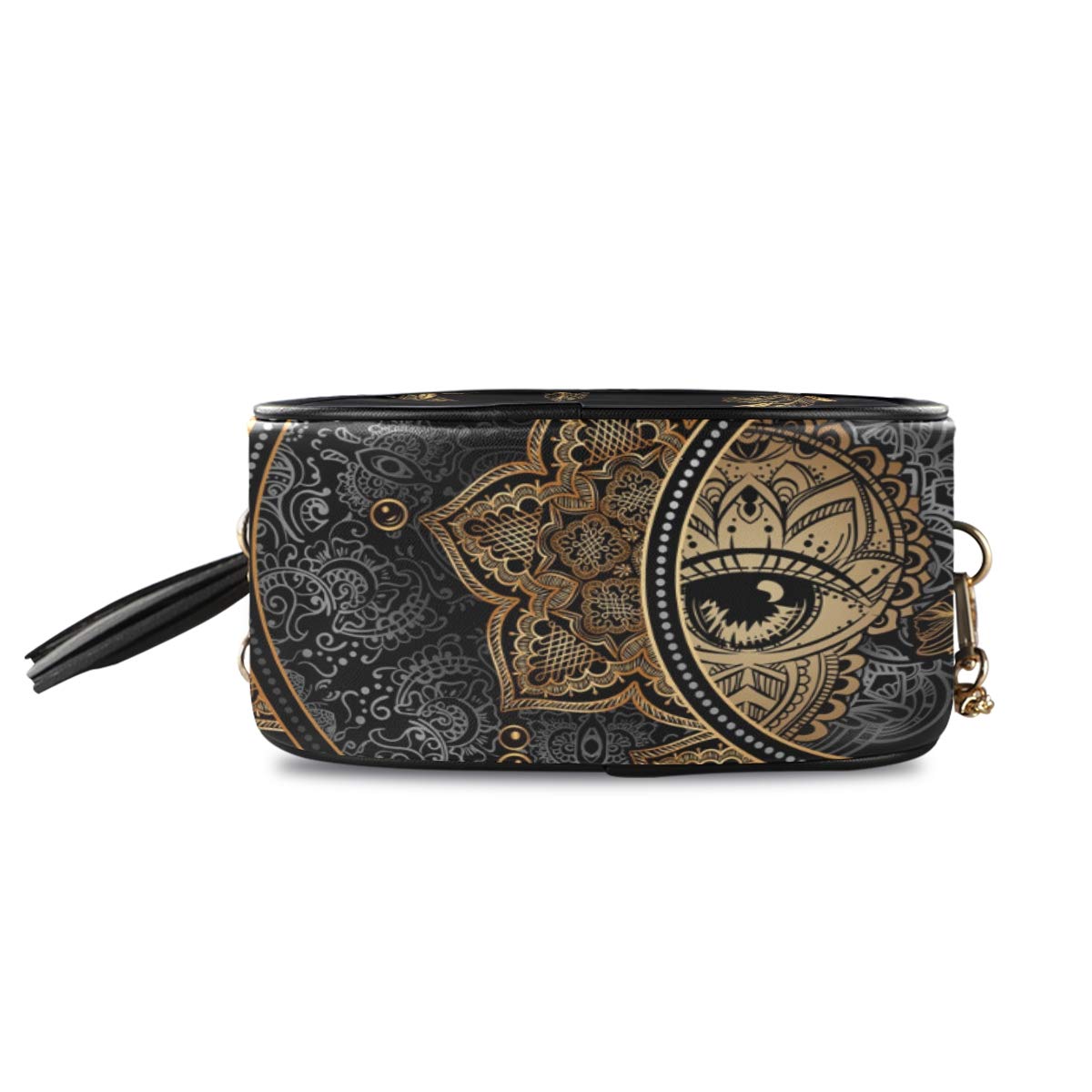 ALAZA PU Leather Small Crossbody Bag Purse Wallet Boho Chic Golden Crescent Moon & Sun Mandala Cell Phone Bags with Adjustable Chain Strap & Multi Pocket