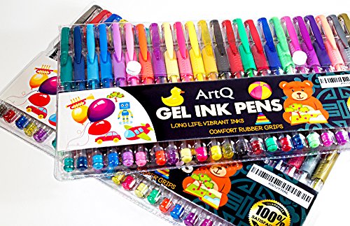 ArtQ Gel Pen Set of 24 Glitter/Neon/Metallic & Pastel Great Coloring | Draw Sketch Doodle Art | Personalize Greeting Cards | Fun Creative Gift