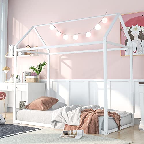 Merax Montessori Bed Twin Metal House Bed for Kids Boys,Girls, No Box Spring Needed, Noise Free (Twin,White)