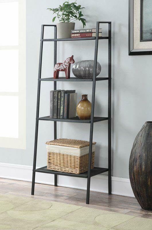 4 Tier Heavy Duty Metal Leaning Ladder Shelf Bookcase Bookshelf Storage Shelves, Black