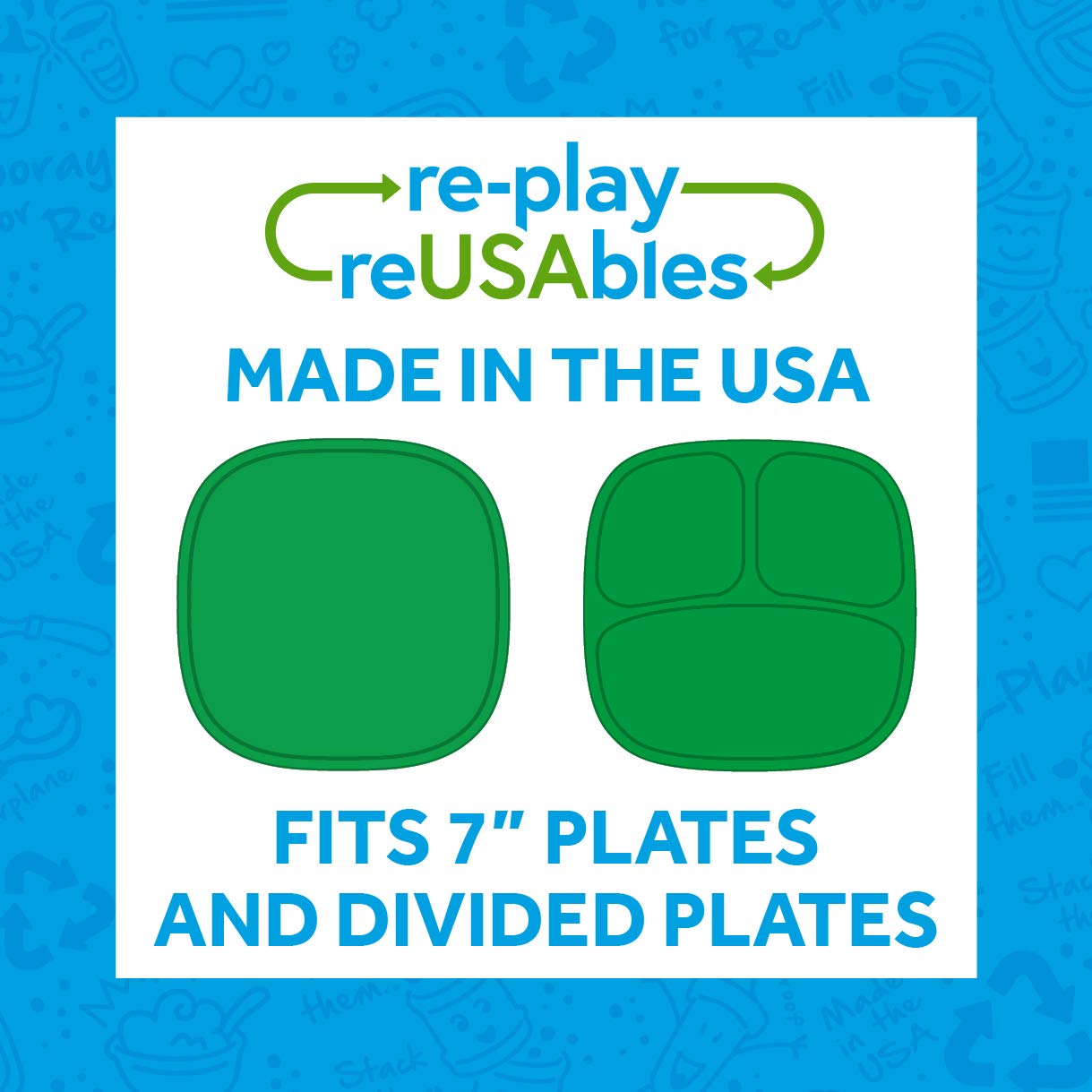 Re-Play Made in USA 5 Piece Toddler Feeding Set includes 2 Divided Plates, Silicone Storage Lid, Utensils - Made from Recycled Milk Jugs - Aqua