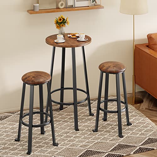 Aiho Bar Table and Chairs Set for 2 with Upholstered Stools, 3 Pieces Pub Table and Chairs, Modern Pub Dining Set for Small Place - Rustic Brown
