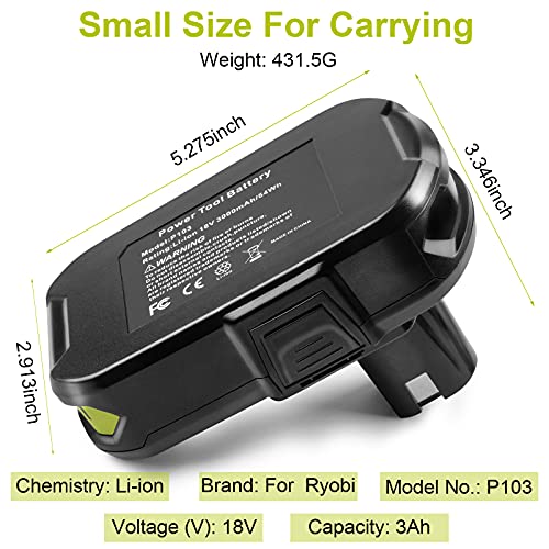 ARyee 3000mAh P102 18V Lithium Battery Replacement for 18Volt Ryobi Tools ONE+ P100 P103 P104 P105 P107 P108 P109 P190 (2)