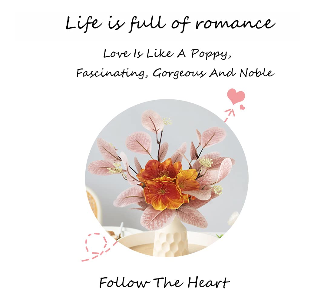 Auntroen Fake Flower Poppy Flower Leaf Combination Real Touch Latex Silk Fabric Artificial Flower, Kitchen Home Garden Party Wedding Decoration (Sunset+Pink) (B502)