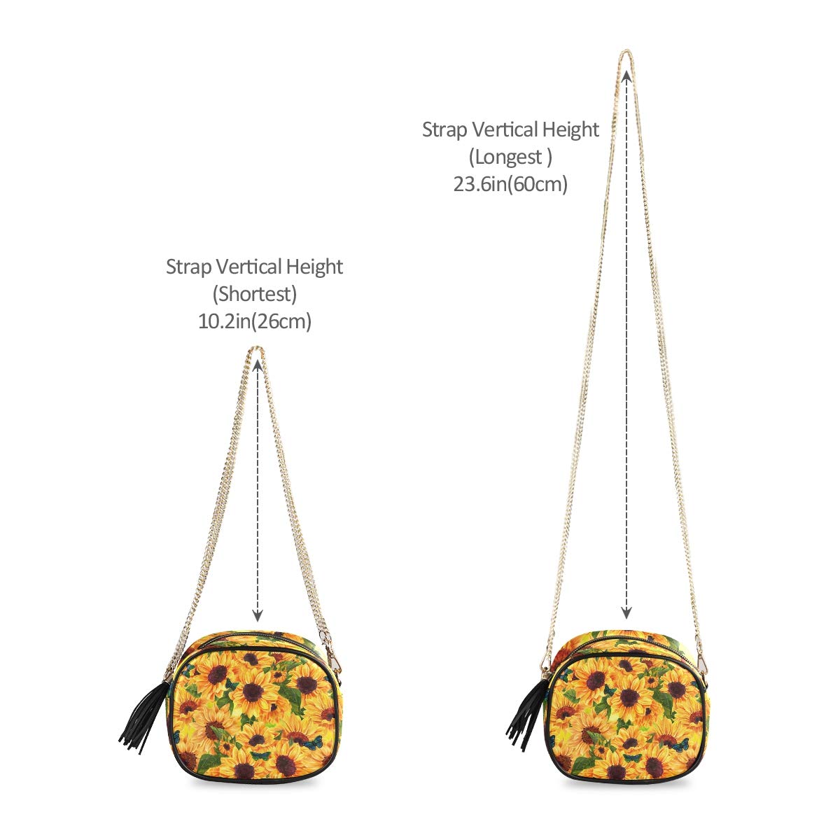 ALAZA Women's Vintage Sunflower with Butterfly Cross Body Bag Chain Shoulder Handbag Purse with Tassel