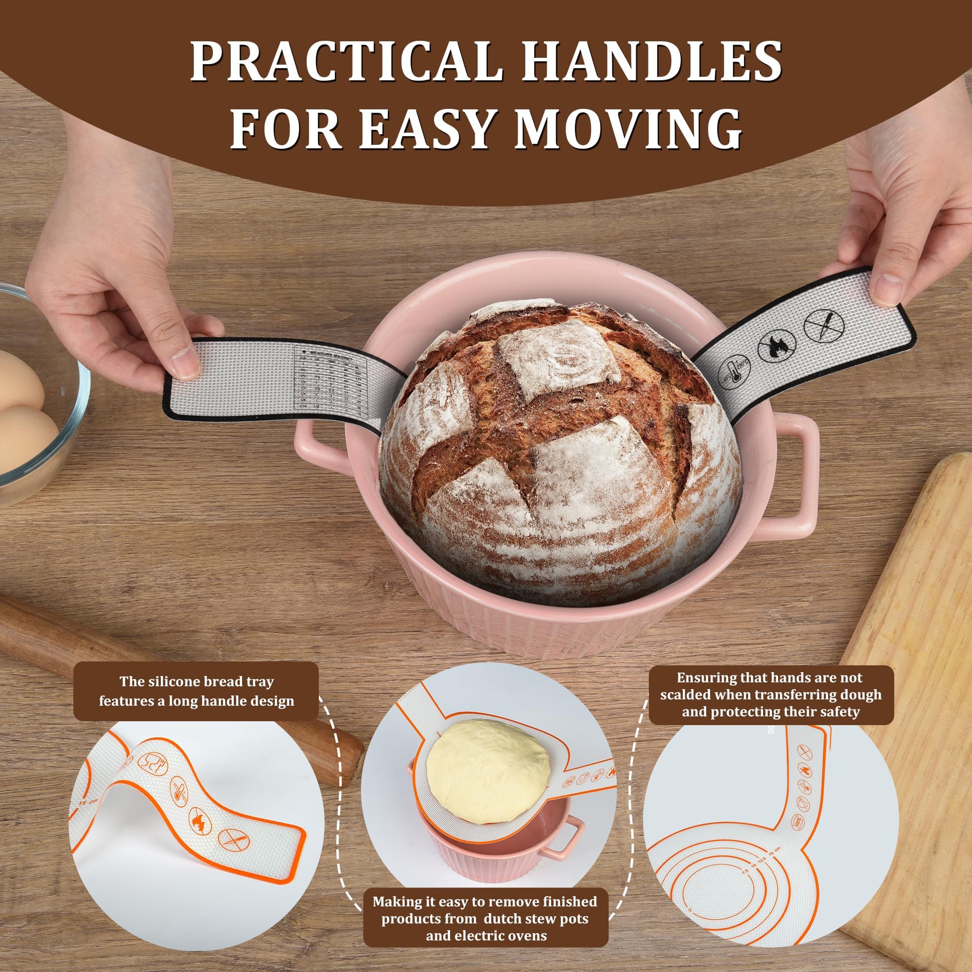 2 Pcs Silicone Bread Sling for Dutch Oven , Non-stick & Easy to Clean Reusable Silicone Baking Mat With Long Handles,Heat Resistant sourdough silicone bread sling,Easy To Transfer Sourdough Bread