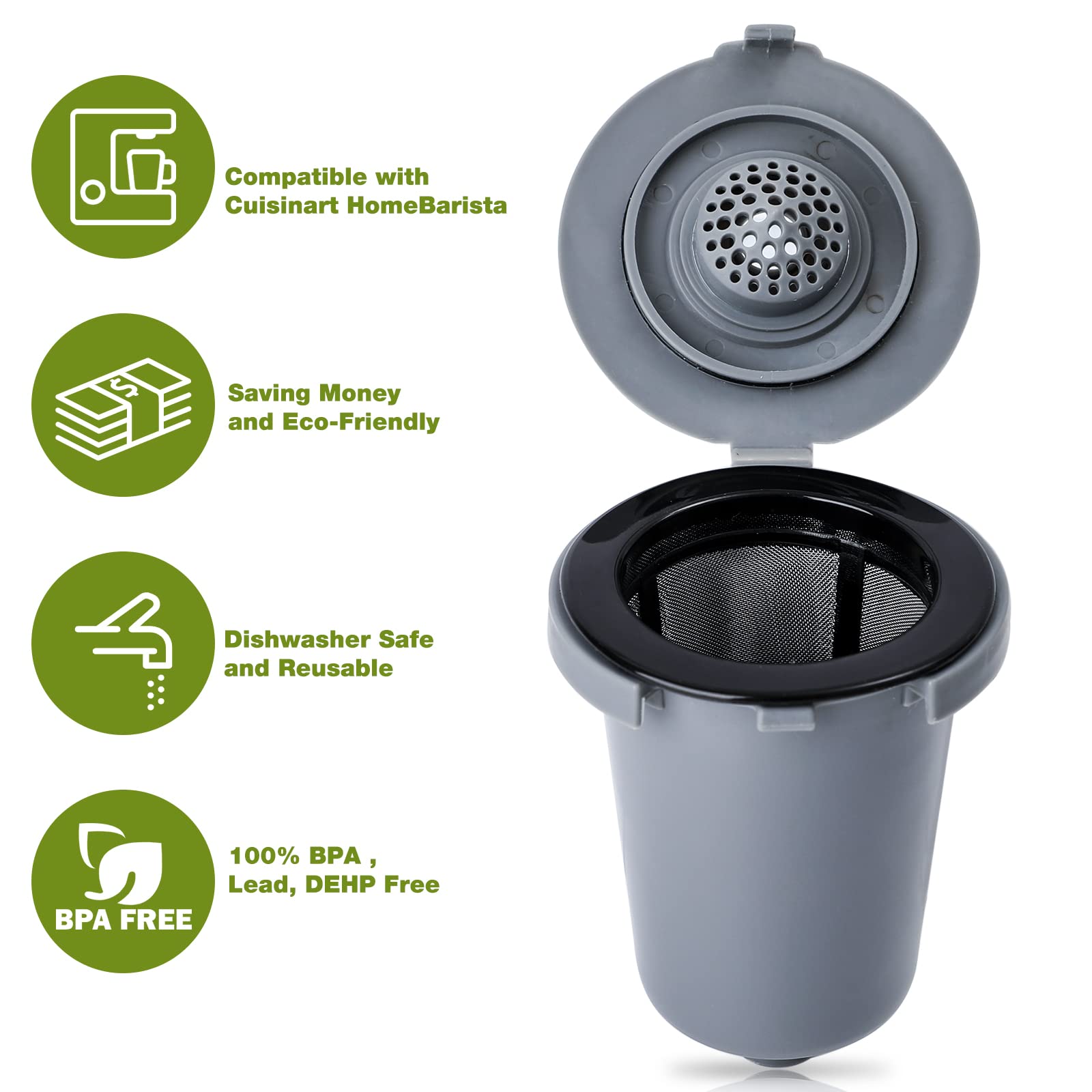 2PCS Reusable Coffee Filter Cups, Compatible with SS-RFC Single Serve Brewer Coffe maker, Gray Home Barista Filter Cup, BPA-Free Refillable Cup Coffee Filter