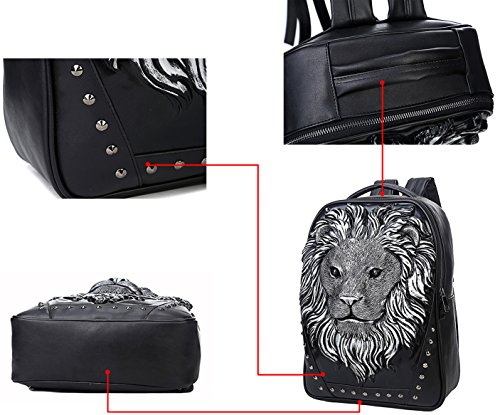 3D Animal Head Backpack, Studded PU Leather Cool Laptop Backpack College Bookbag (Lion-Gold) One Size