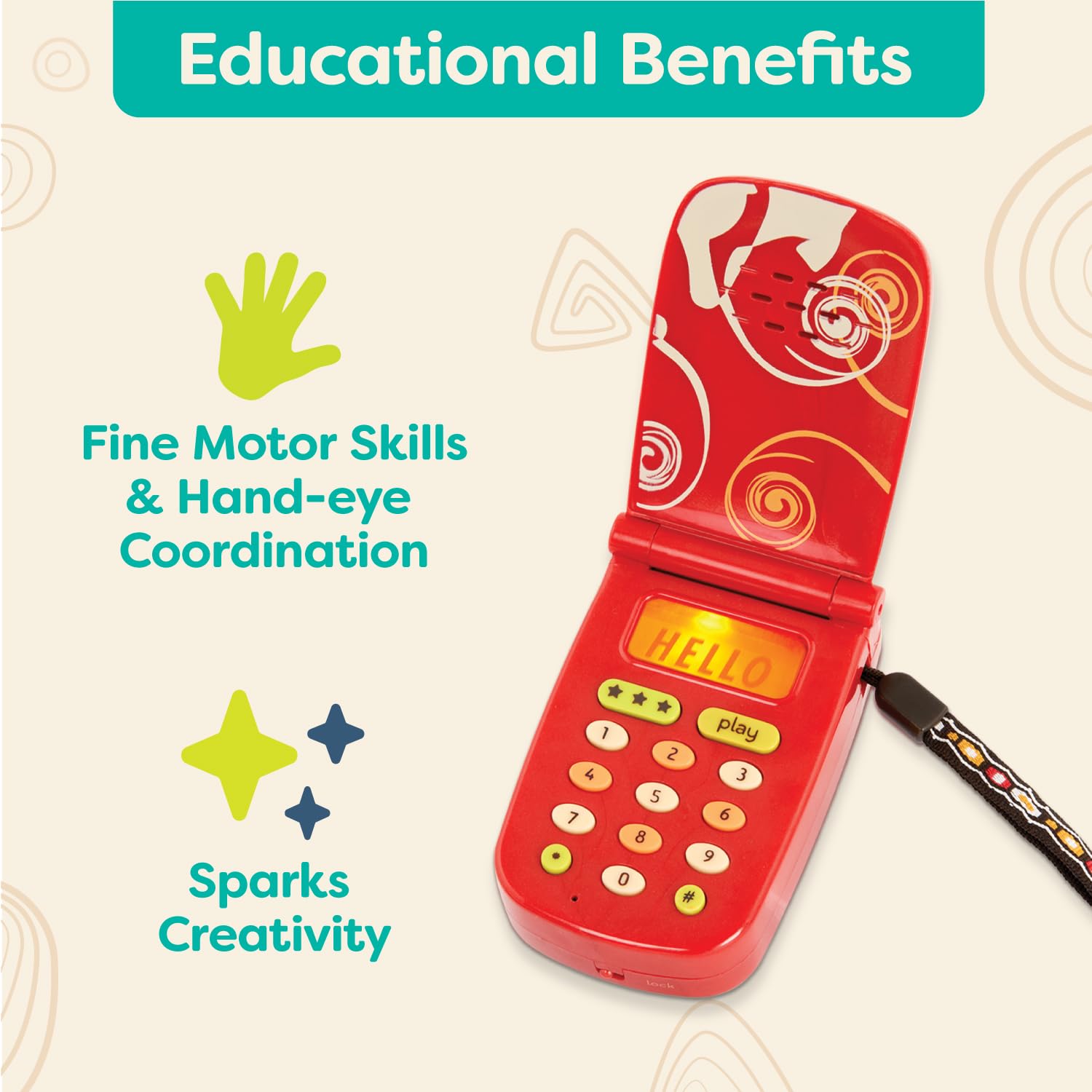 B. toys- Hellophone- Red- Pretend Play Toy Cell Phone β Kids Play Phone with Light Sounds and Songs β Toddler Phone with Message Recorder- 18 months +