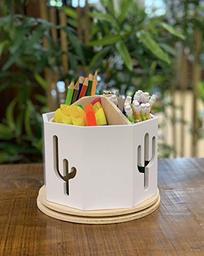 Designstyles Spinning Desktop Stationary Organizer β Decorative Wooden Rotating Pen and Pencil Cup β Desk and Table Top Office Supplies Station (White with Cactus cutout)