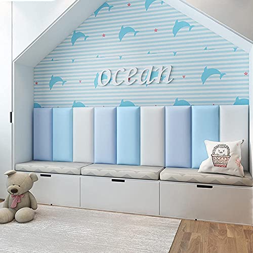 3D Anti-Collision Wall Padding for Kids, Peel and Stick Upholstered Wall Panels, Queen Headboard, Playroom Decorative Protection Panel, Pack of 2 Panels Sized 23.6β X 11.8β (Sky Blue)