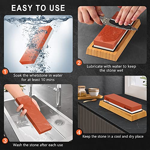 7PCS Knife Sharpening Stones, UUP Whetstone Sharpener Kit with Premium 4 Sides 400/1000 3000/8000 Grit Wet Stone Set, Leather Strop, Angle Guide, Flattening Stone for Kitchen Pocket Knives, Blade