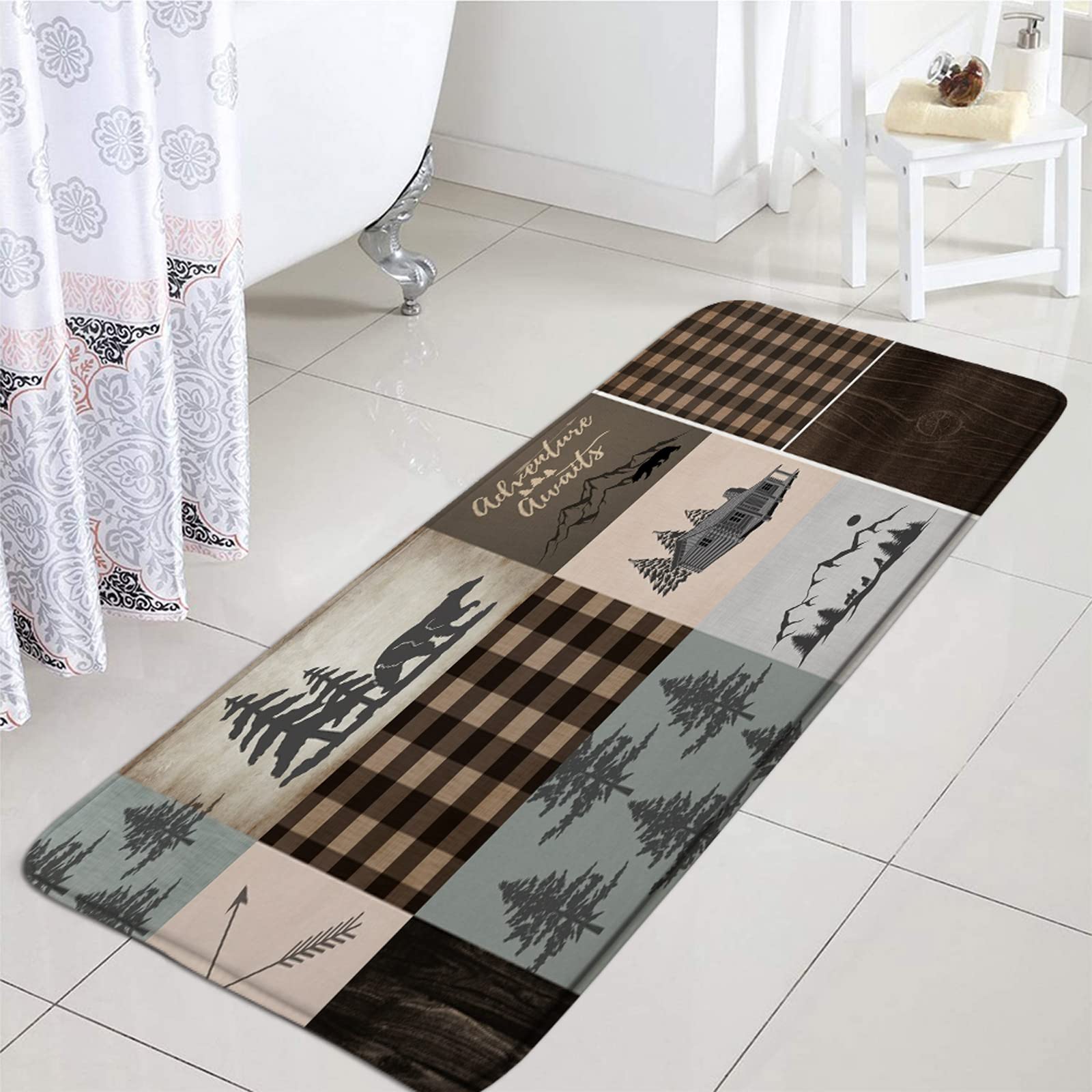 2Pcs Rustic Cabin Kitchen Mat Retro Lodge Bear Moose Deer Mountain Forest Farmhouse Buffalo Plaid Country Hunting Soft Non-Slip Mat Absorbent Carpet Bath Rugs Floor Decor 15.7”x23.6”+15.7”x47.2”