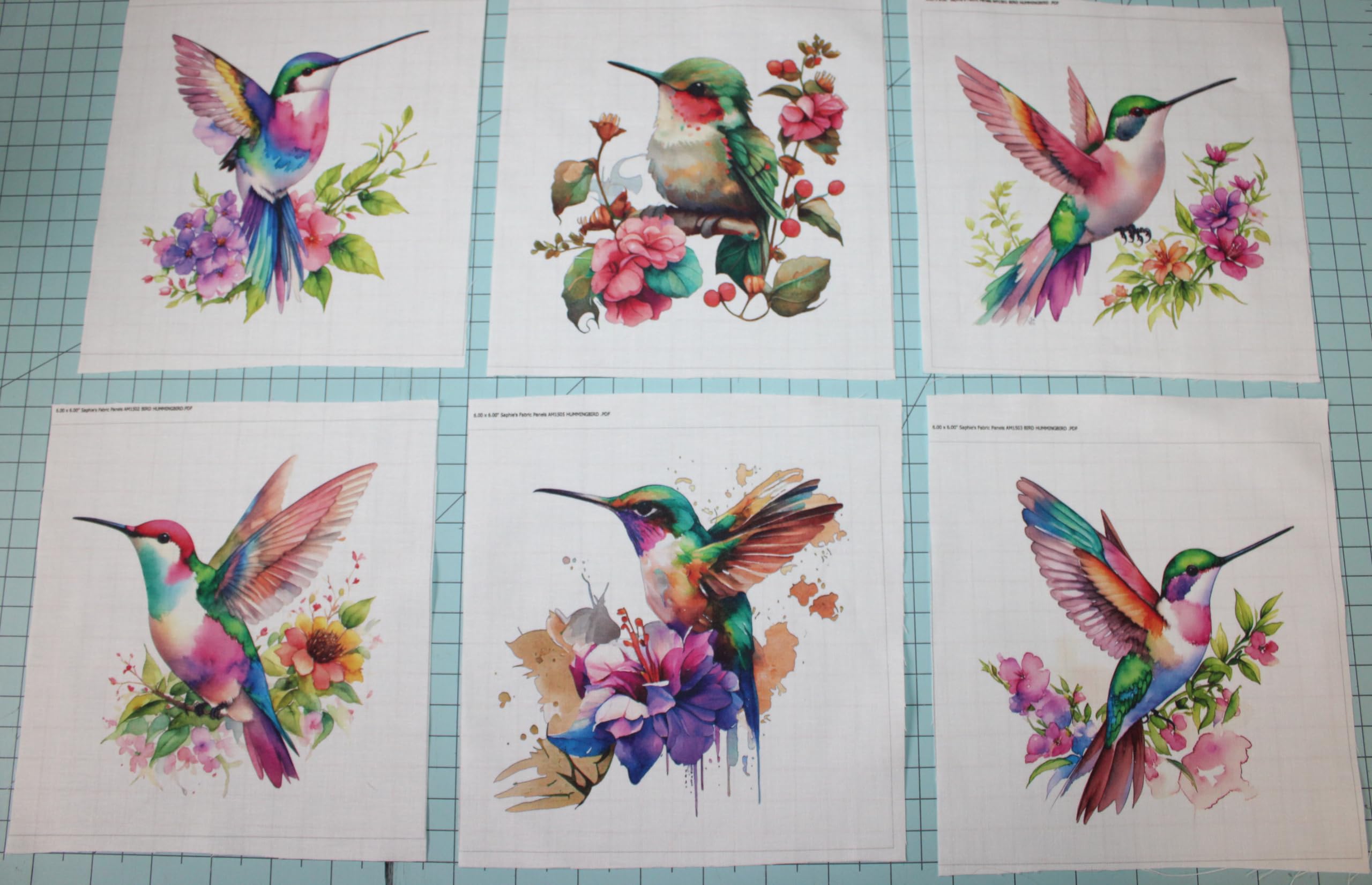 6 Piece 6"x6" Hummingbirds Fabric Panel Squares - Quilting Panel Blocks