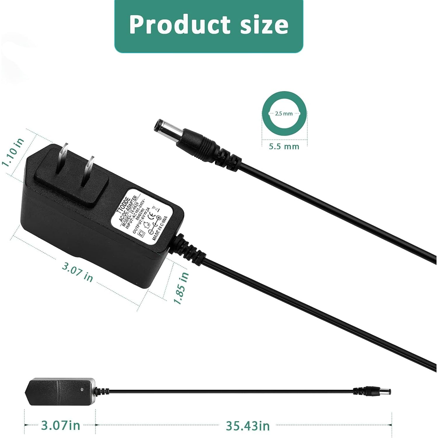 TTODDE AC/DC Adapter 6V 2A 1.5A 1A 0.5A Adapter Power Supply 6V Power Cord 12W 100-240V 50-60Hz with 3.5 x 1.35mm/5.5 x 2.5mm DC Plug Compatible 6 Volt 200ma 300ma 500ma 800ma and More DC 6V Devices