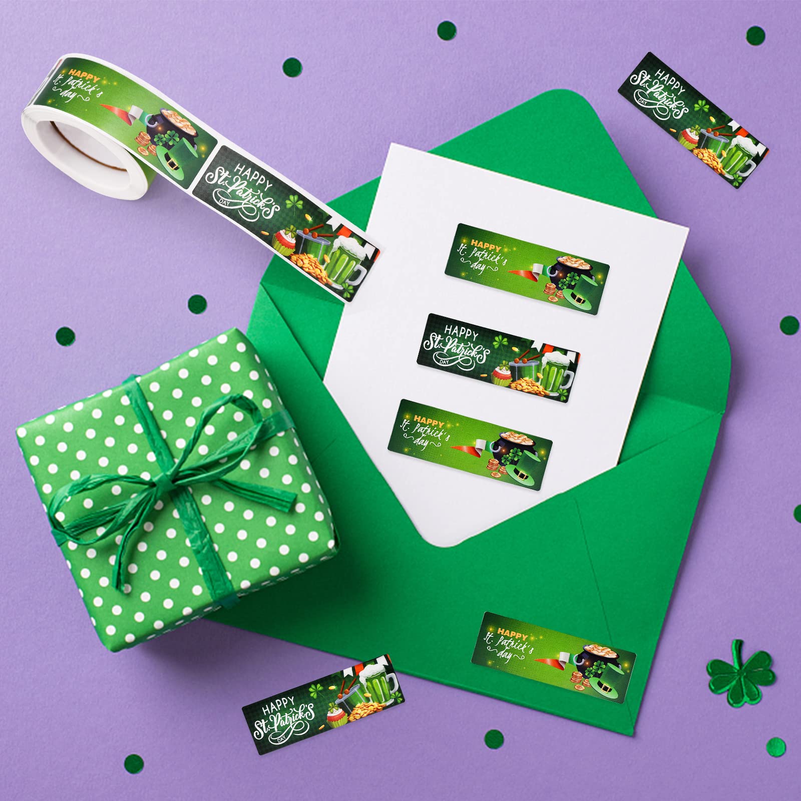 240 Pieces St Patrick's Day Stickers Roll - 2 Patterns 1 Inch Rectangle Green Lucky Stickers for Kids, Irish Self Adhesive Tag Seals Labels for St. Patrick's Day Party Bags Boxes Wrap Cards Bottles Decor