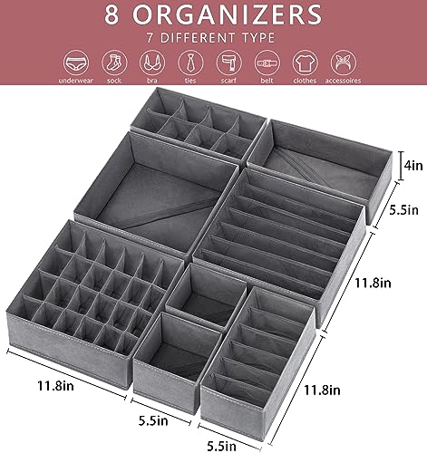 8 Pack Drawer Organizers for Clothing, Drawer Organizer Clothes Fabric Foldable Underwear Organizer, Dresser Organizer Closet Storage Dividers Bins for Storing Sock, Bra, Panty, Scarf, Belt, Ties