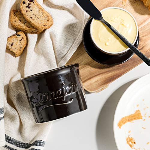 Sweejar Porcelain Butter Crock Keeper, French Butter Dish Keeps the Butter Fresh Soft & Spreadable, Serving Butter Easy for Bread Lovers Breakfast Kitchen Counter (Black)