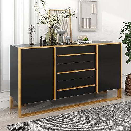 59" L Sideboard Buffet Cabinet, Modern Kitchen Storage Cabinet with 3 Drawer & 2 Doors Wood Cupboard Console Table with Gold Metal Legs Entryway Table Console Cabinet for Dining Living Room, Black
