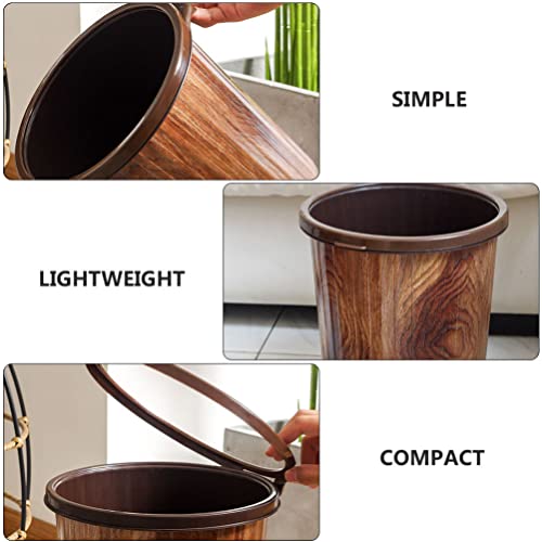 Angoily Trash Can with Pressing Ring 10L Imitation Wood Grain Waste Basket Garbage Can Rubbish Bin Flower Pot Toys Bucket for Home Office Brown