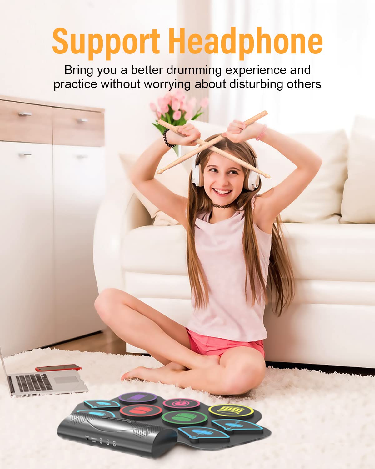 9 Pads Electronic Drum Set, 19Γ13 Inch Roll-Up Drum Portable Drum Pad Kit With MIDI Education Function, Built-in Speaker, Supports headphone/Bluetooth, Great Holiday Birthday Gift for Kids β Colorful