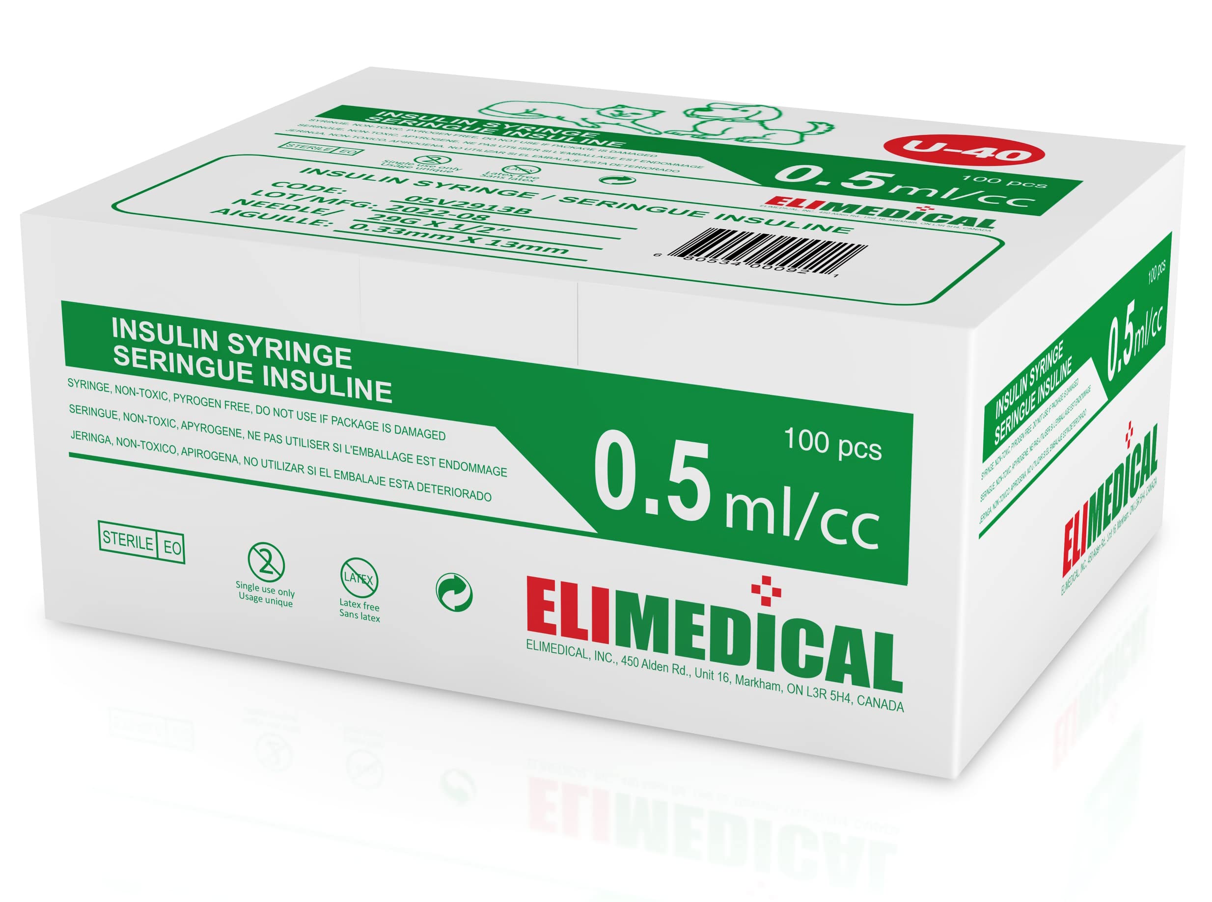 Elimedical Veterinary Insulin Syringe, U-40 (40IU), 0.5cc (ml), 29g x ½ inch (12.7mm), Half Unit Marking, Individually Packed, for Pet Cat or Dog, 100 per box, 05V2913B