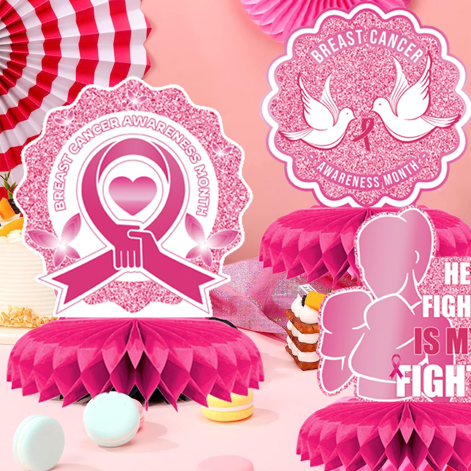 9 PCS Breast Cancer Awareness Centerpieces Pink Ribbon Faith Strength Courage Table Decorations Pink Ribbon Cake Table Decoration