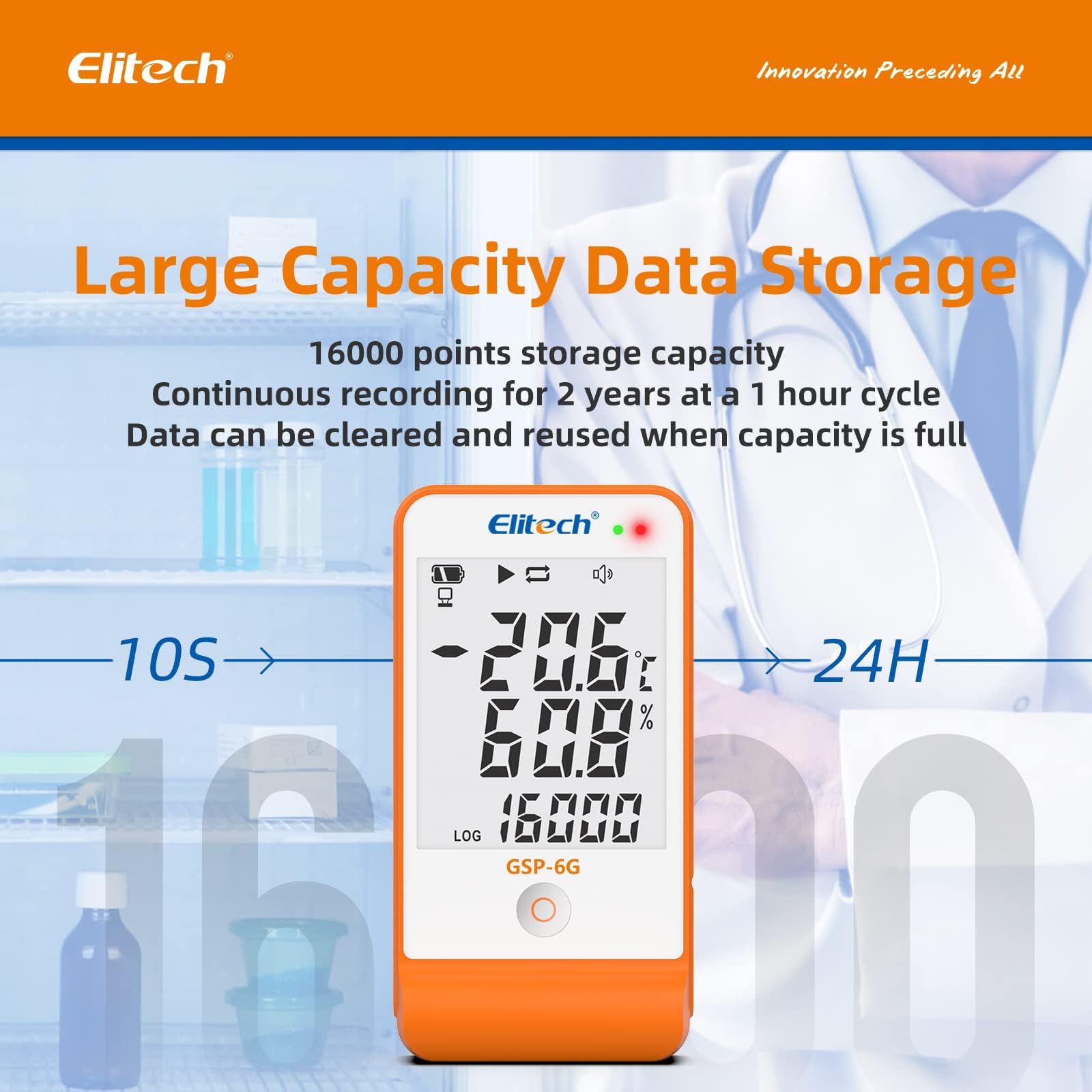 Elitech Digital Temperature Humidity Data Logger Medical Refrigerator Thermometer Vaccine Fridge Temperature Monitor Max Min Value GSP-6G