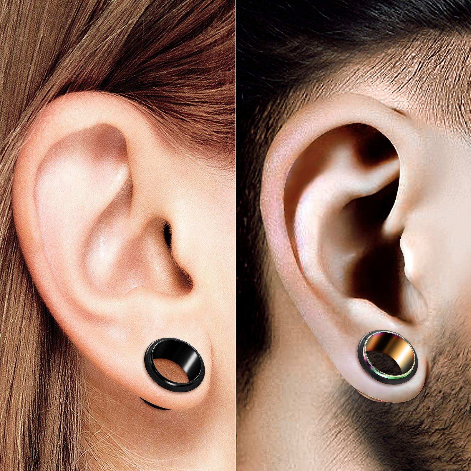 2 Pairs Steel Rainbow Anodized Gauges 12 mm Black Single Flared Piercing Ear Stretcher Plugs O-ring flesh Tunnel Lobe BG11625